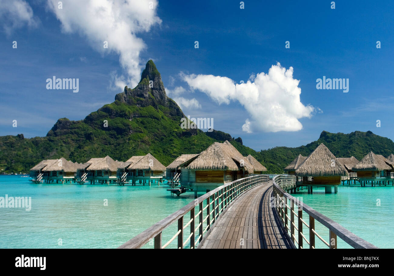 Tahiti Society Islands Society Islands Bora Bora Island huts sea lagoon ...