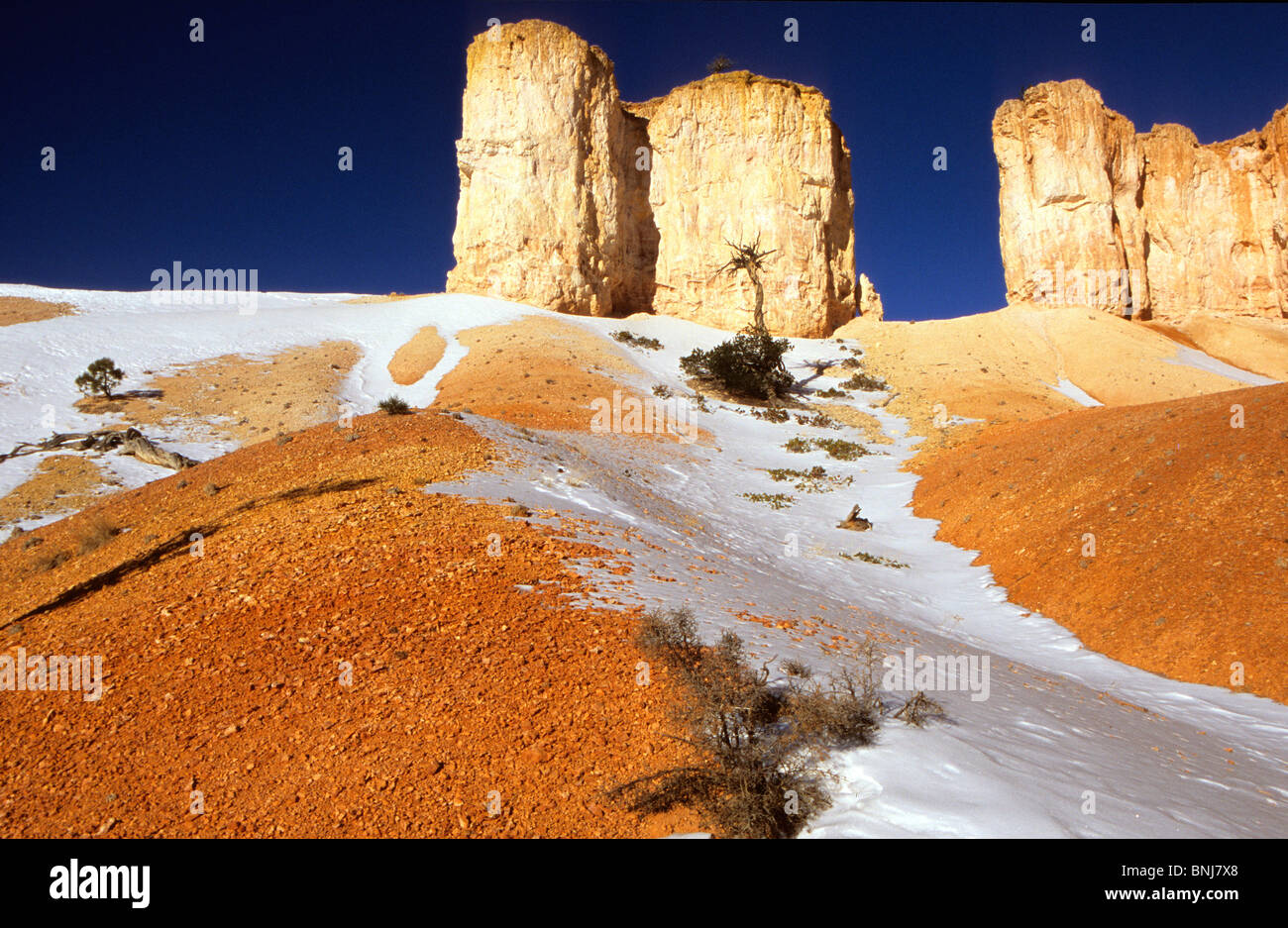 USA Utah national park rock pillar erosion snow winter Bryce North ...