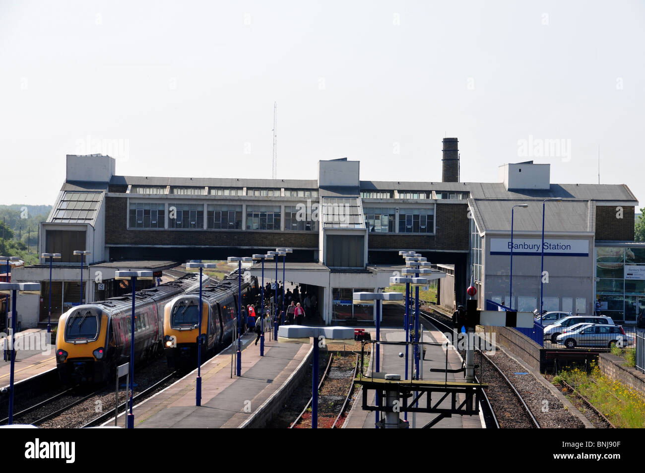 Banbury Rail Station, Oxfordshire with two Class 220 Voyagers trains ...