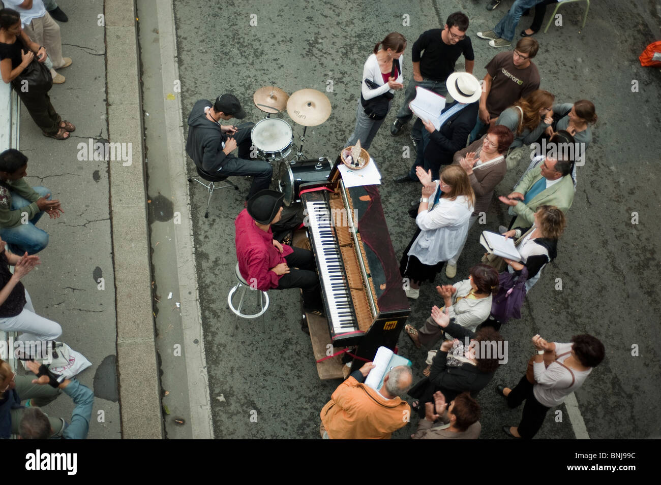Paris, France, Overview, Aerial view, of Crowd Listening to Street ...