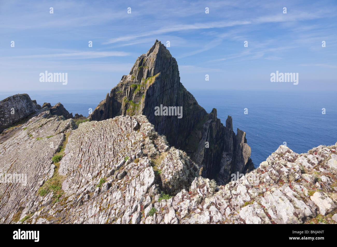 Rocky cliffs on summit of Skellig Michael County Co. Kerry in spring ...
