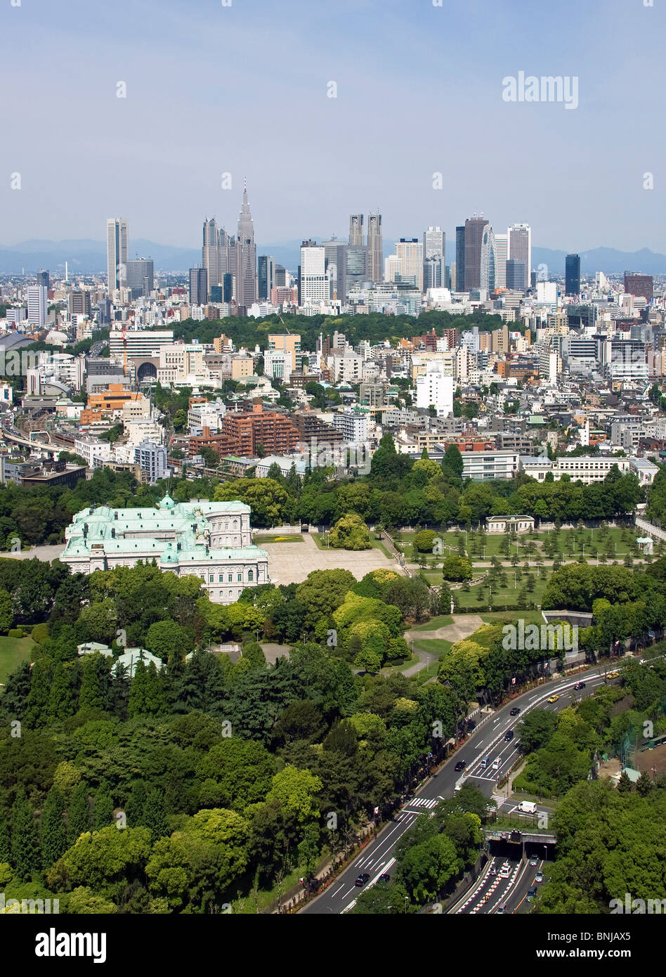 Japan Asia Tokyo town city Akasaka palace Shinjuku skyline park trees ...