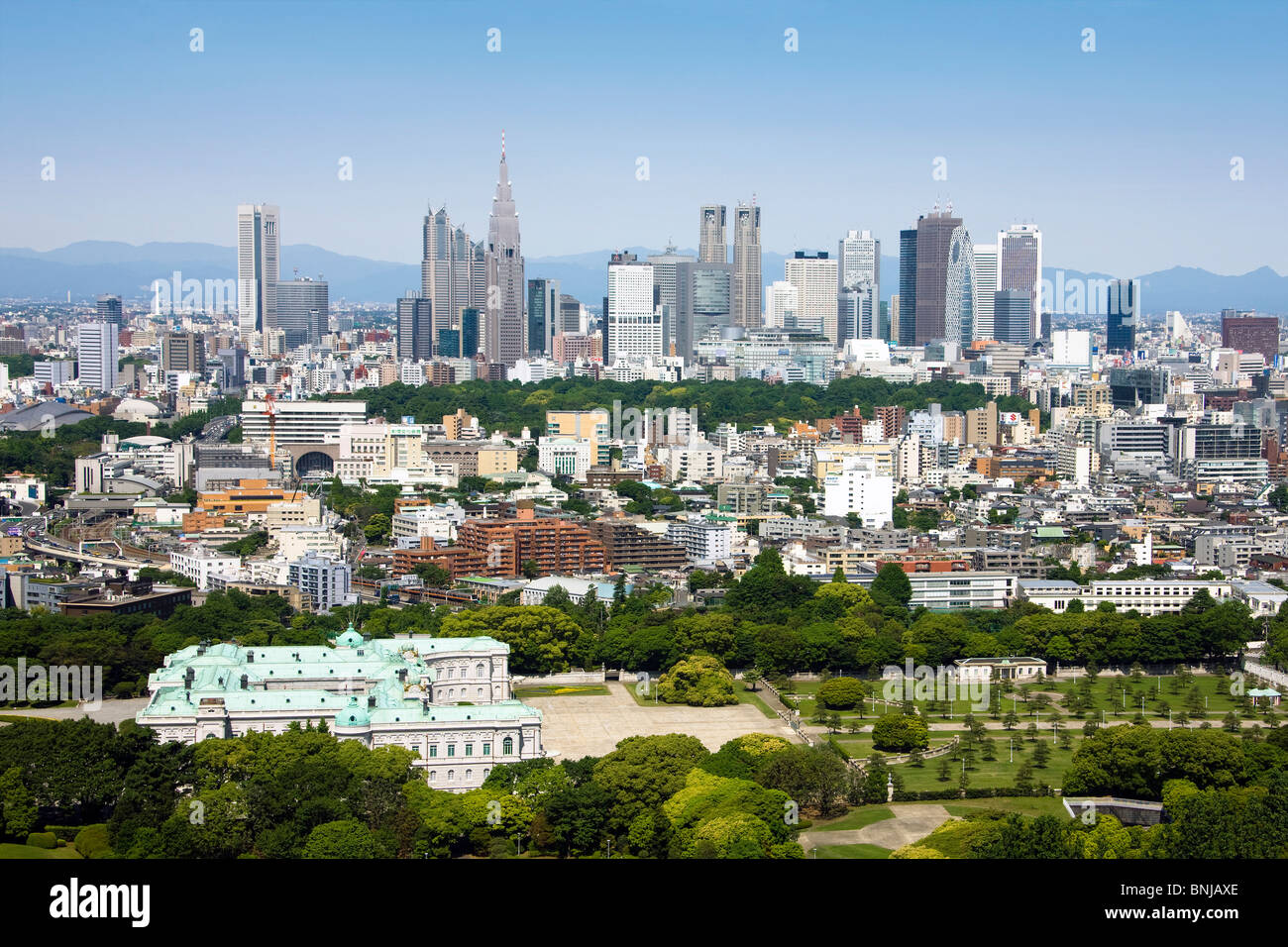 Japan Asia Tokyo town city Akasaka palace Shinjuku skyline park trees ...
