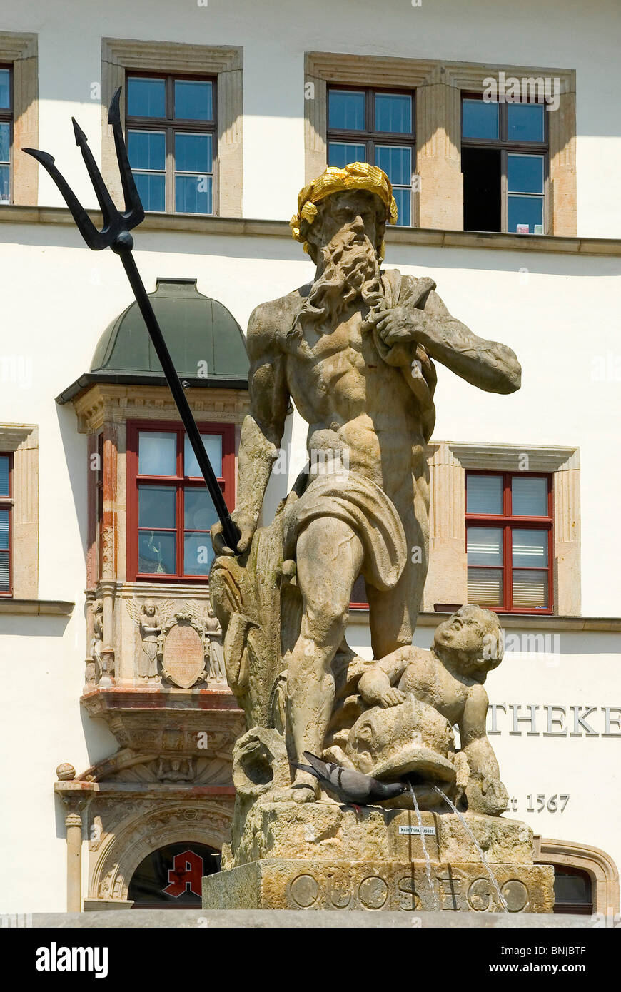 Germany Thuringia Weimar Marktplatz Neptune fountain trident town house ...