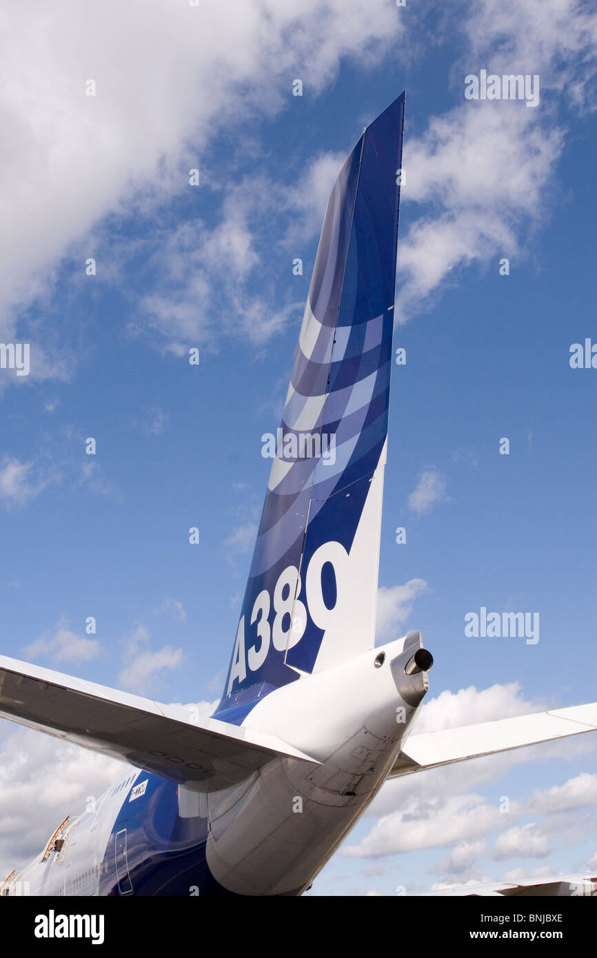 Tail Fin of Airbus A380 airliner at Farnborough International Air Show ...
