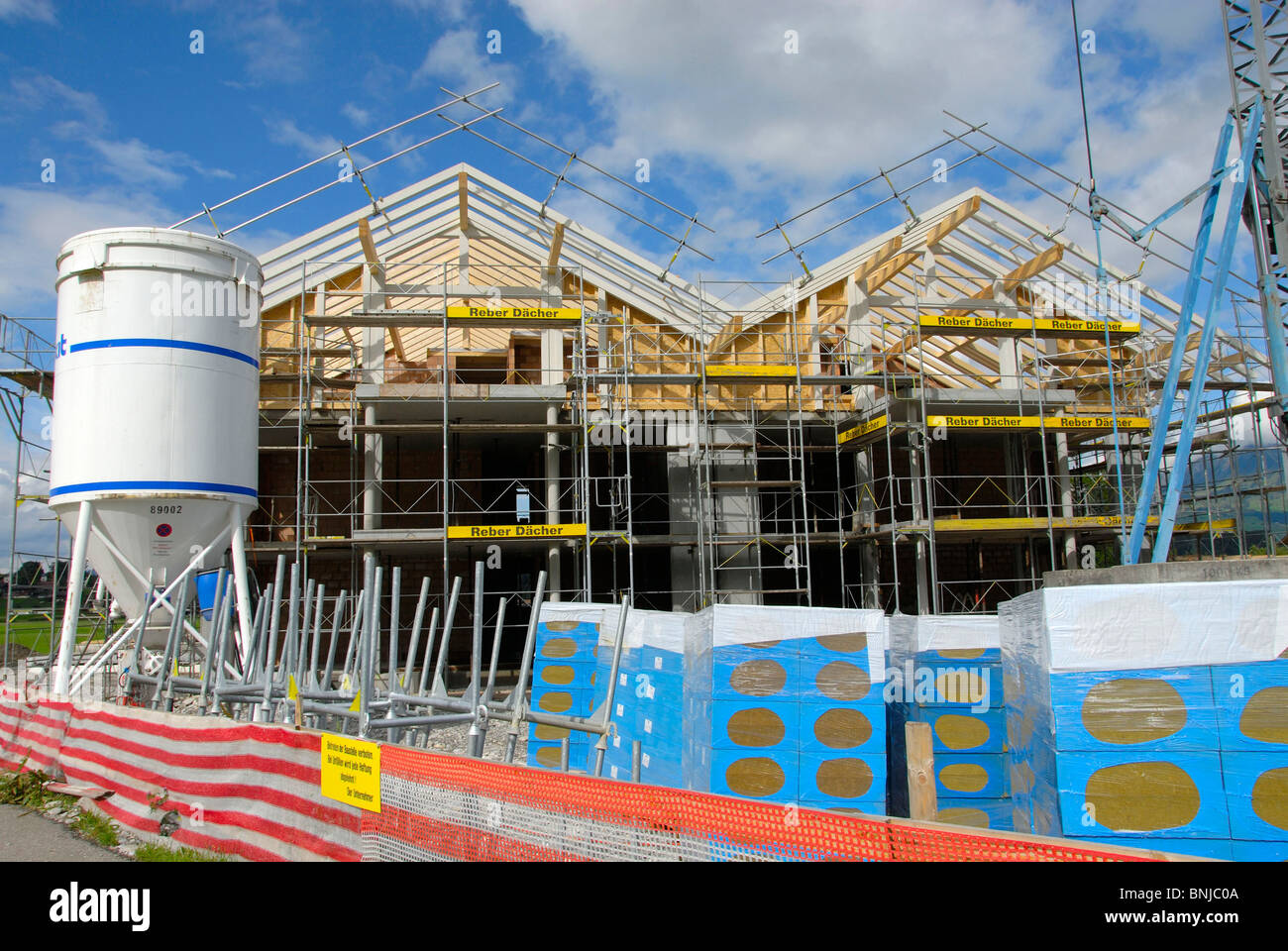 House Home building site new building build crane roof shell position ...