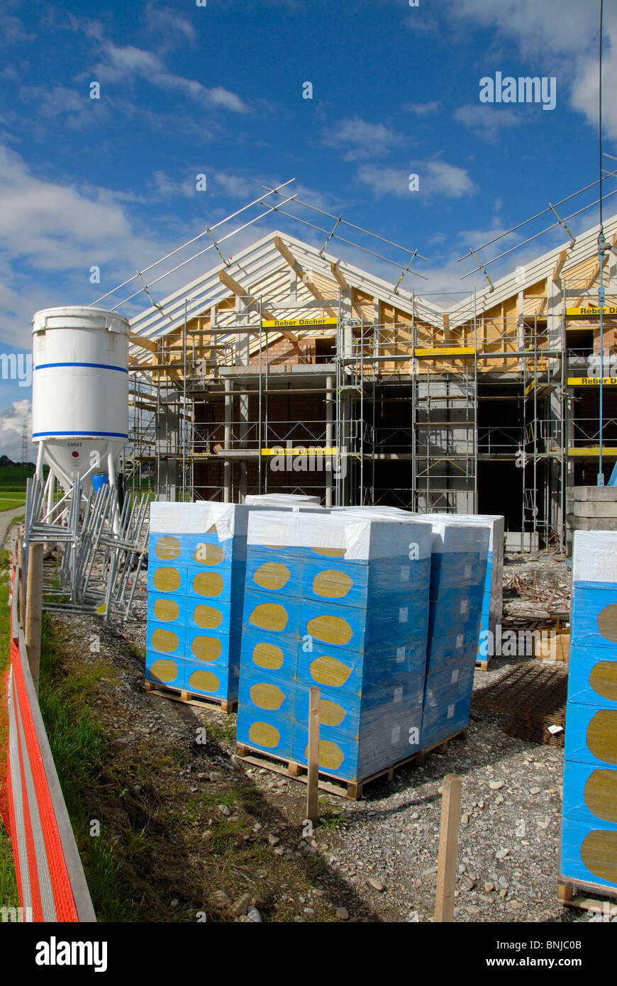 House Home building site new building build crane roof shell position ...