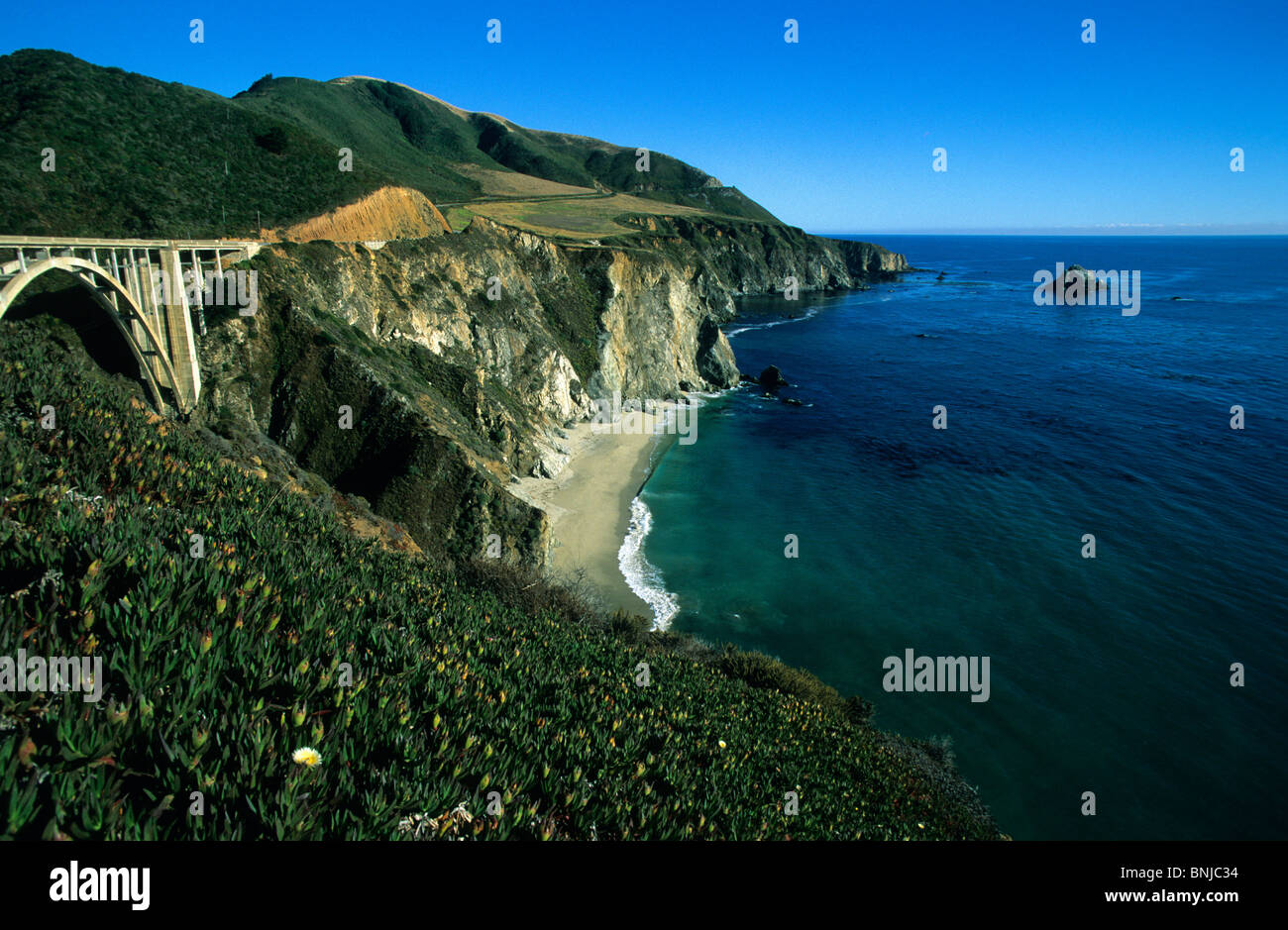 USA California Pacific coast ocean sea cliffs rocks bridge Big Sur ...