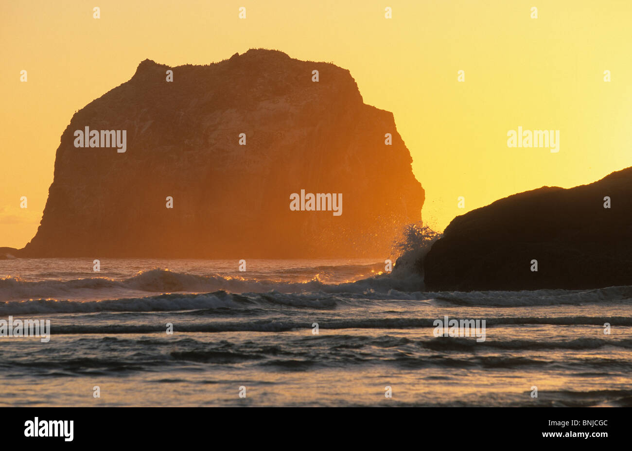 USA Oregon Pacific coast ocean sea rock cliff rock sundown waves Bandon ...