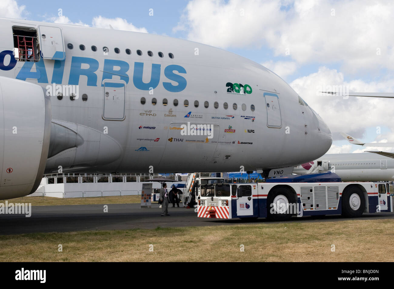 Nose of Airbus A380 airliner at Farnborough International Air Show 2010 ...