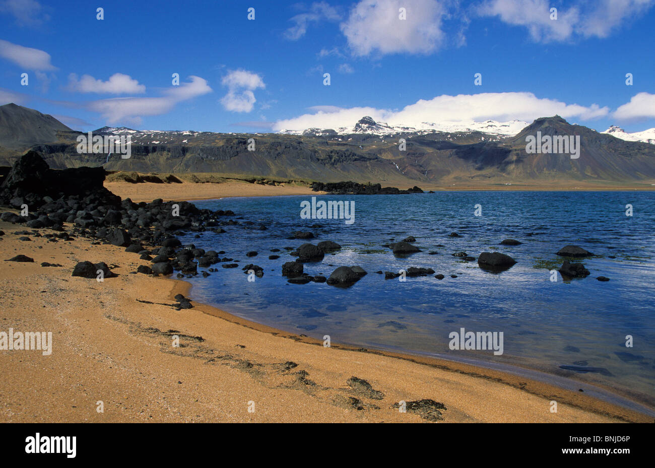 Budir Iceland sand beach sea lava boluders mountains coast landscape ...