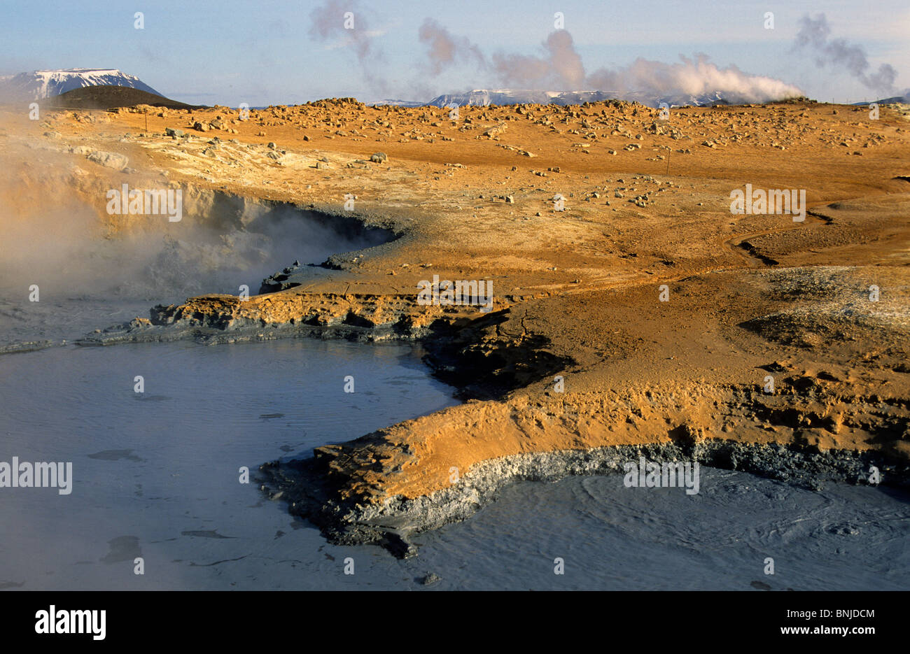 Hverir Iceland landscape scenery mud pot geyser sulphur steam volcanic ...
