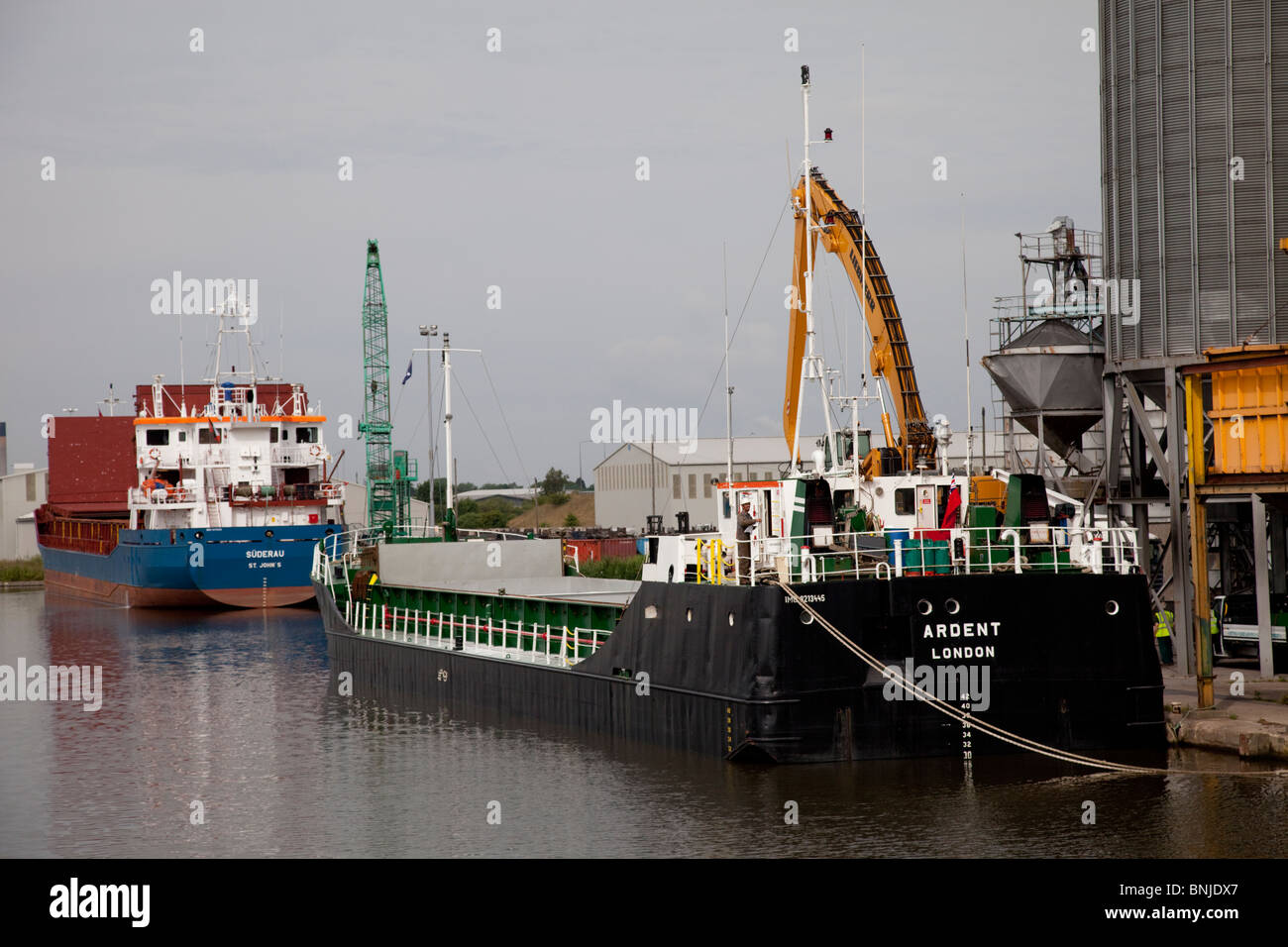Container ships unloading at wharf Goole Port Yorkshire UK Stock Photo ...