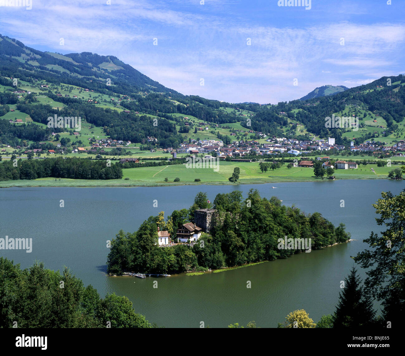 Lake Lauerz Schwanau island castle lake lakes Switzerland Canton of ...