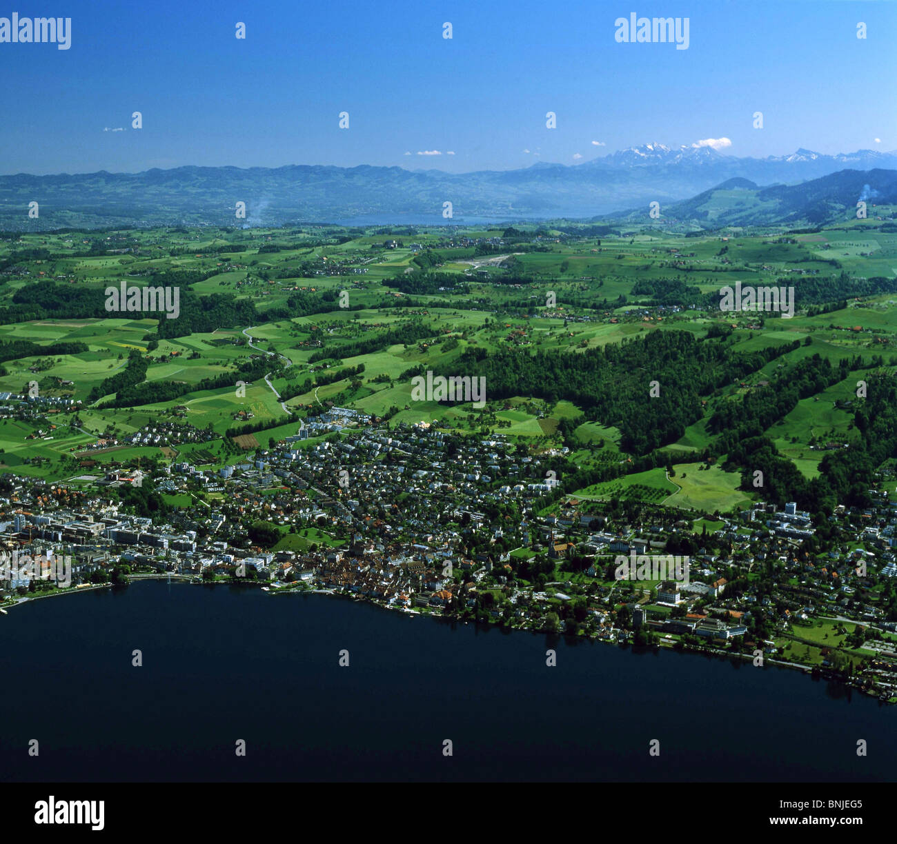 Lake Zug lakes Zug city Switzerland landscape scenery aerial photo ...