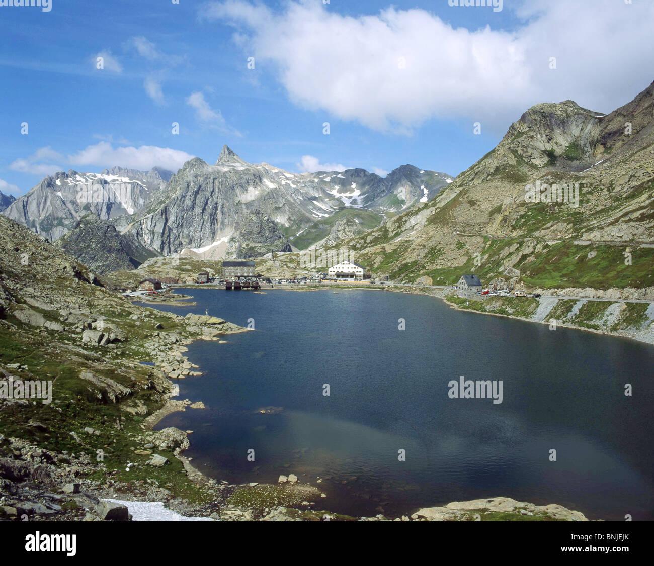 alps alpine mountain mountains lake Great St Bernard Pass Switzerland ...