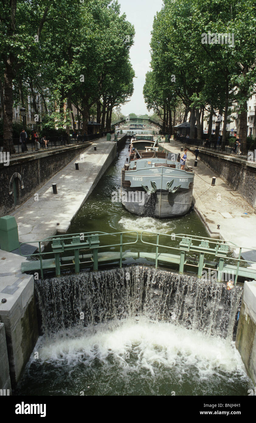 France Paris Saint Martin canal channel boat water sluice floodgate ...