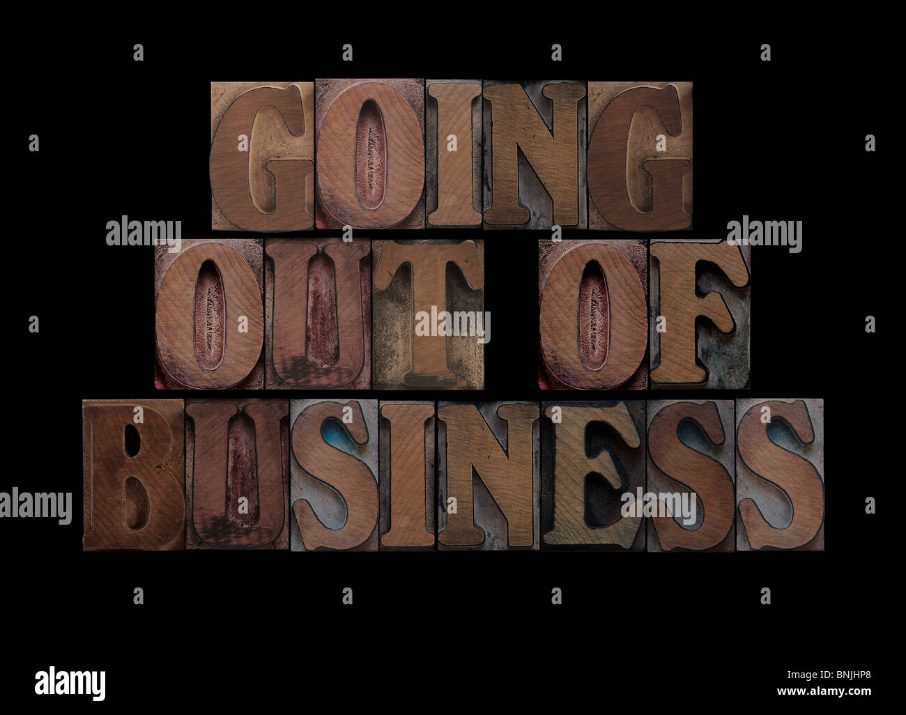 the words Going out of business in old letterpress wood type Stock ...