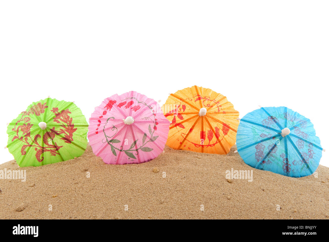 Tropical beach with colorful parasols on white background Stock Photo ...