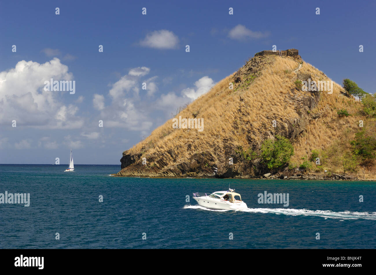 Rodney Bay Saint Lucia Caribbean sea coast ocean boat boats fort Stock ...