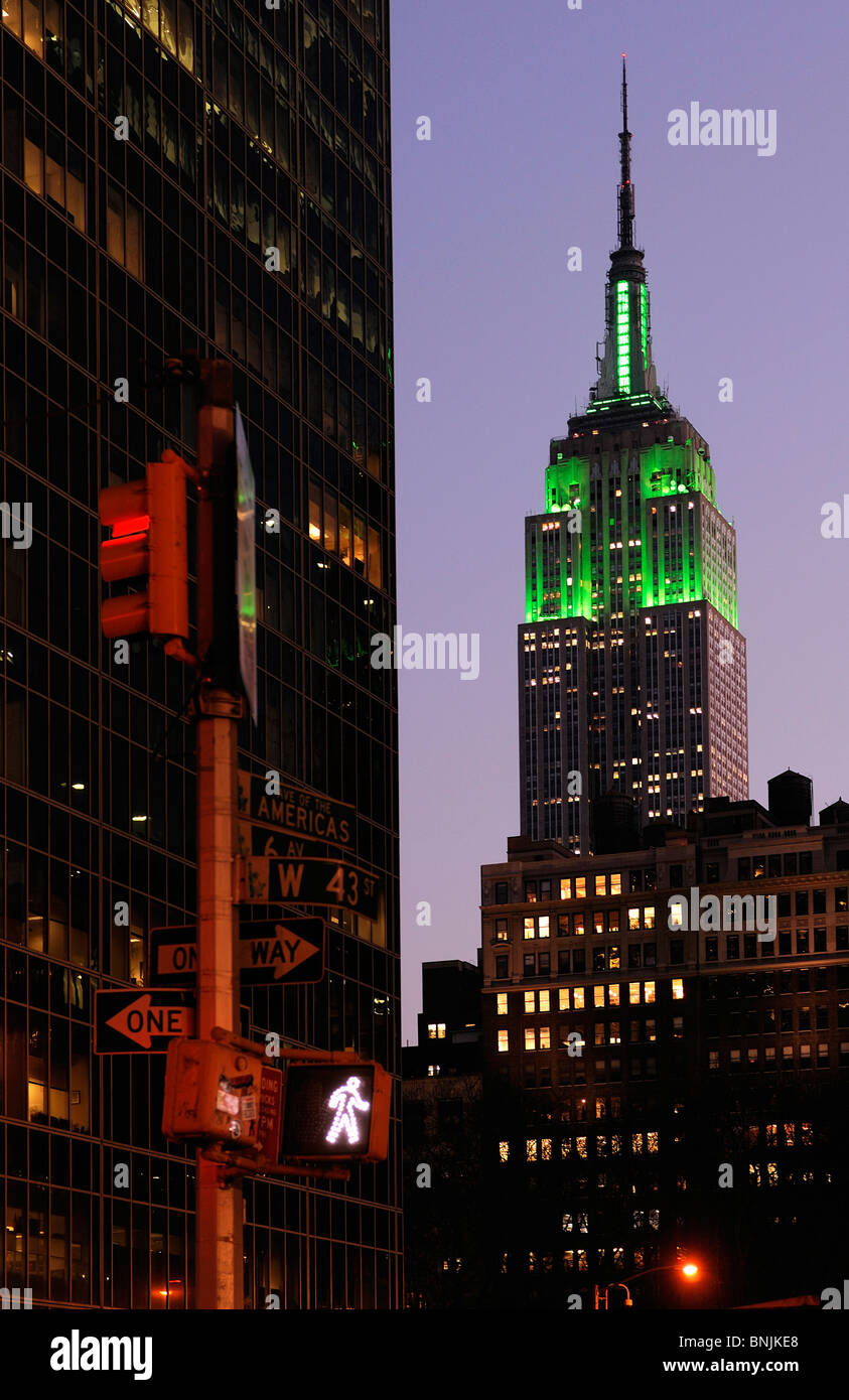 Empire State Building green Midtown Manhattan New York USA evening lights city travel american ...