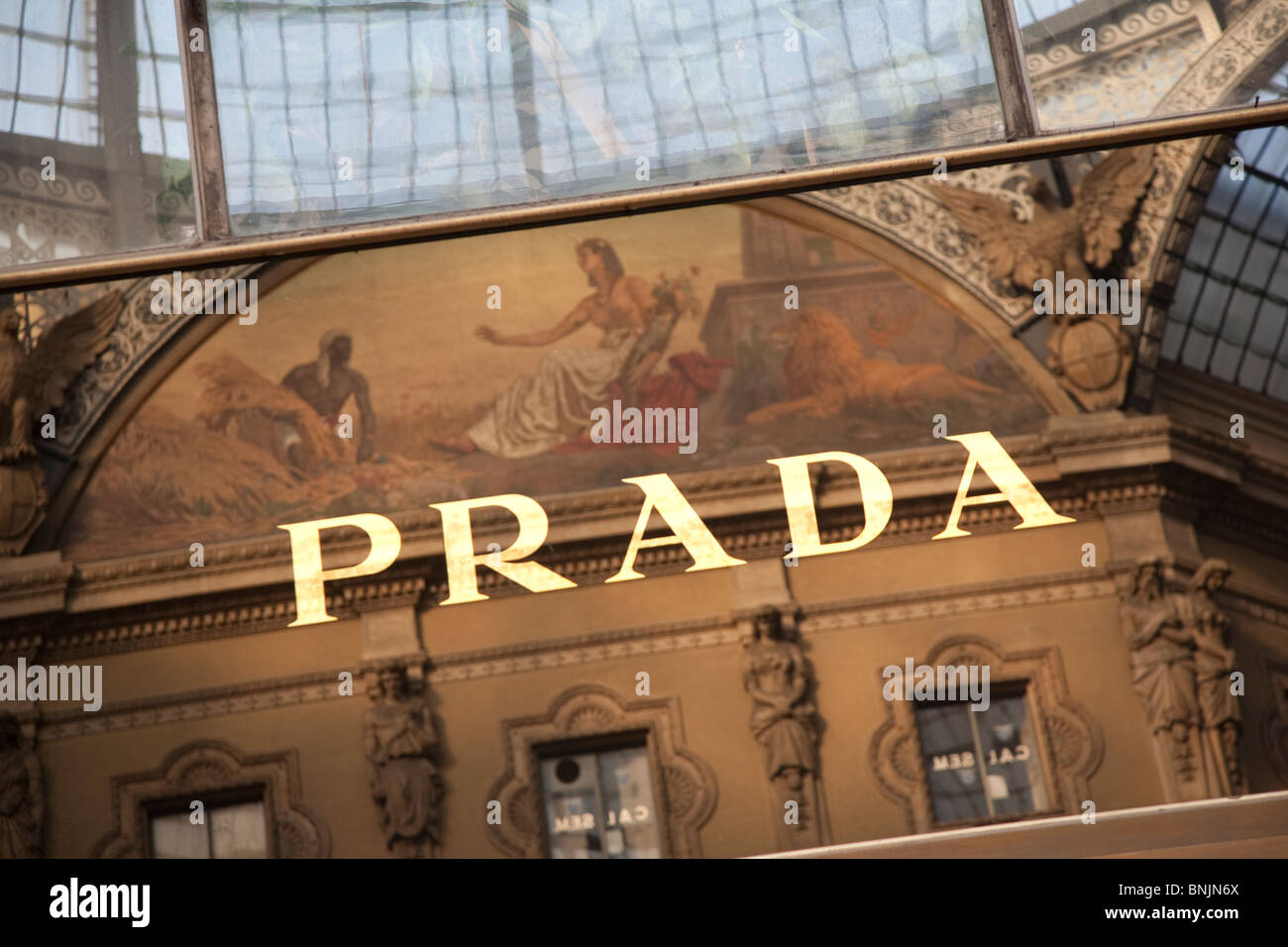Prada brand name reflected in window in Vittorio Emanuele II Shopping ...