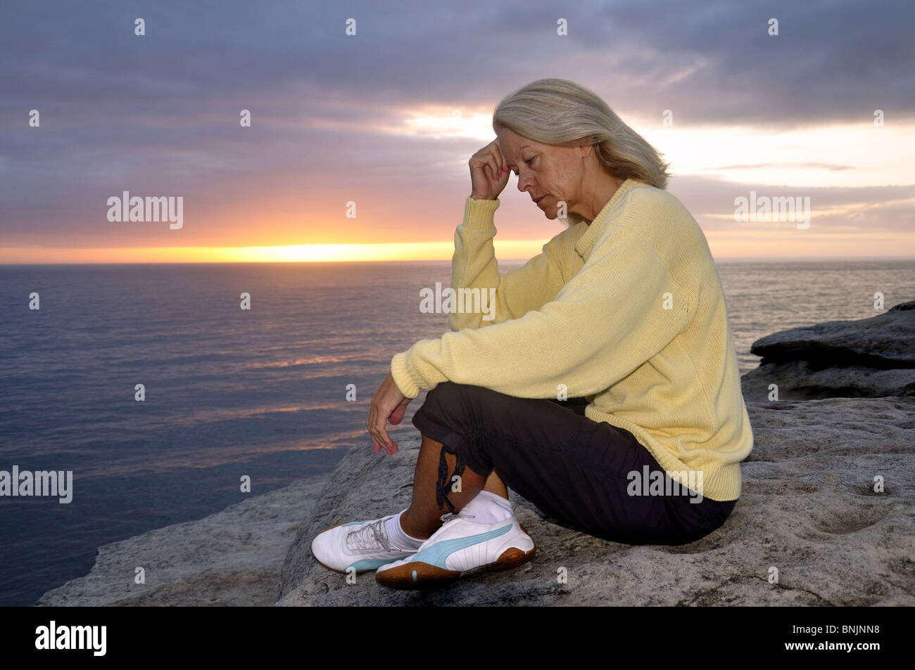 Woman Sunrise Sunset Depresses Coast Sea Ocean Mature Alone Old Senior ...
