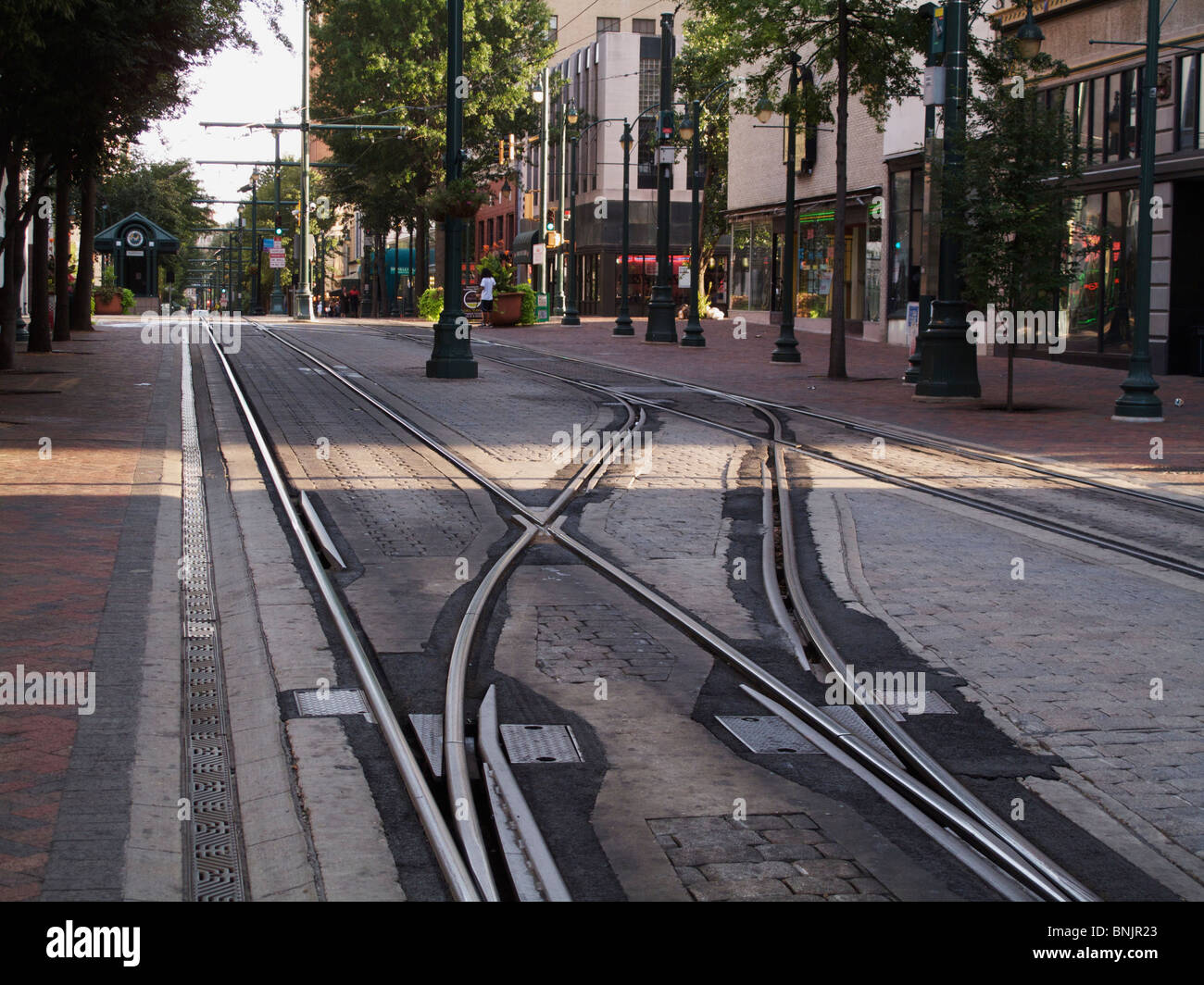 Trolley tracks and switch. Main Street, Memphis, Tennessee Stock Photo ...