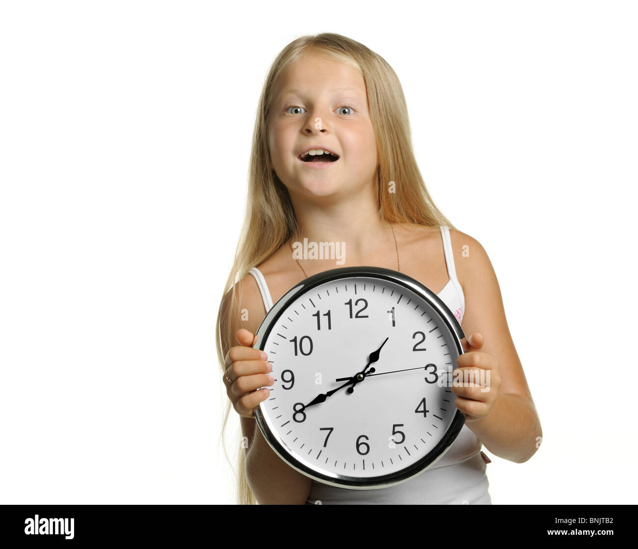The girl with large clock. It is isolated on a white background Stock ...
