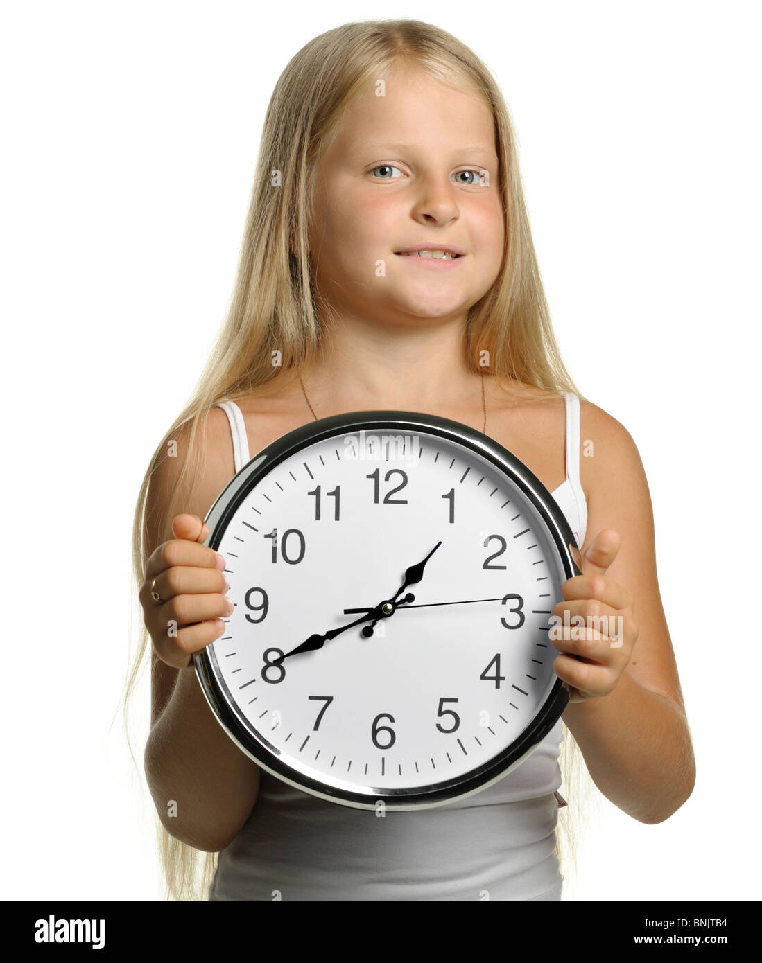 The girl with large clock. It is isolated on a white background Stock ...