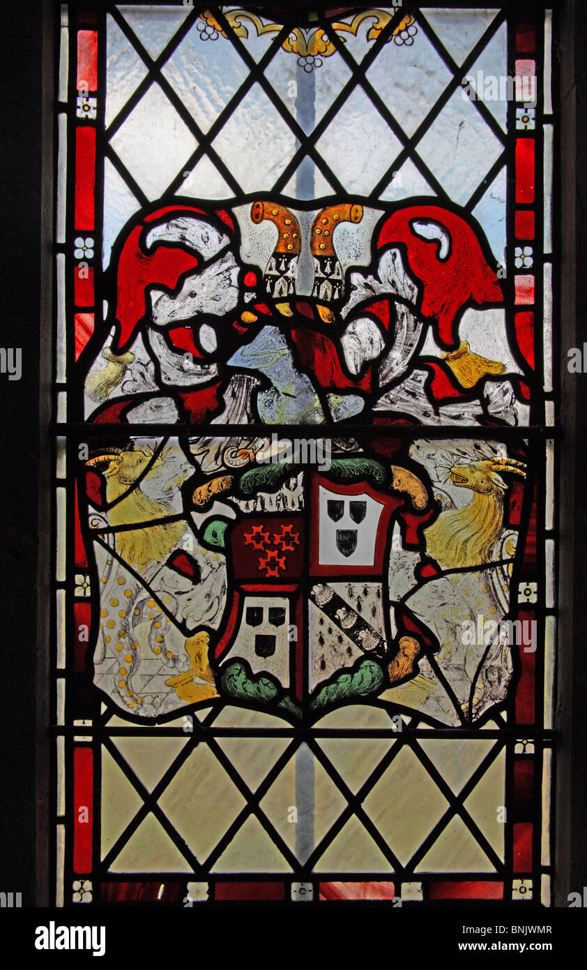 Detail of a 16th century stained glass window depicting the coats of ...