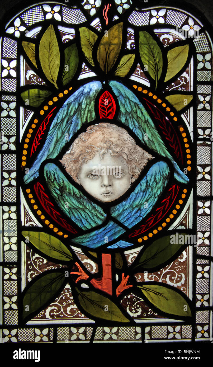 A stained glass window depicting a cherub, Church of St Laurence ...