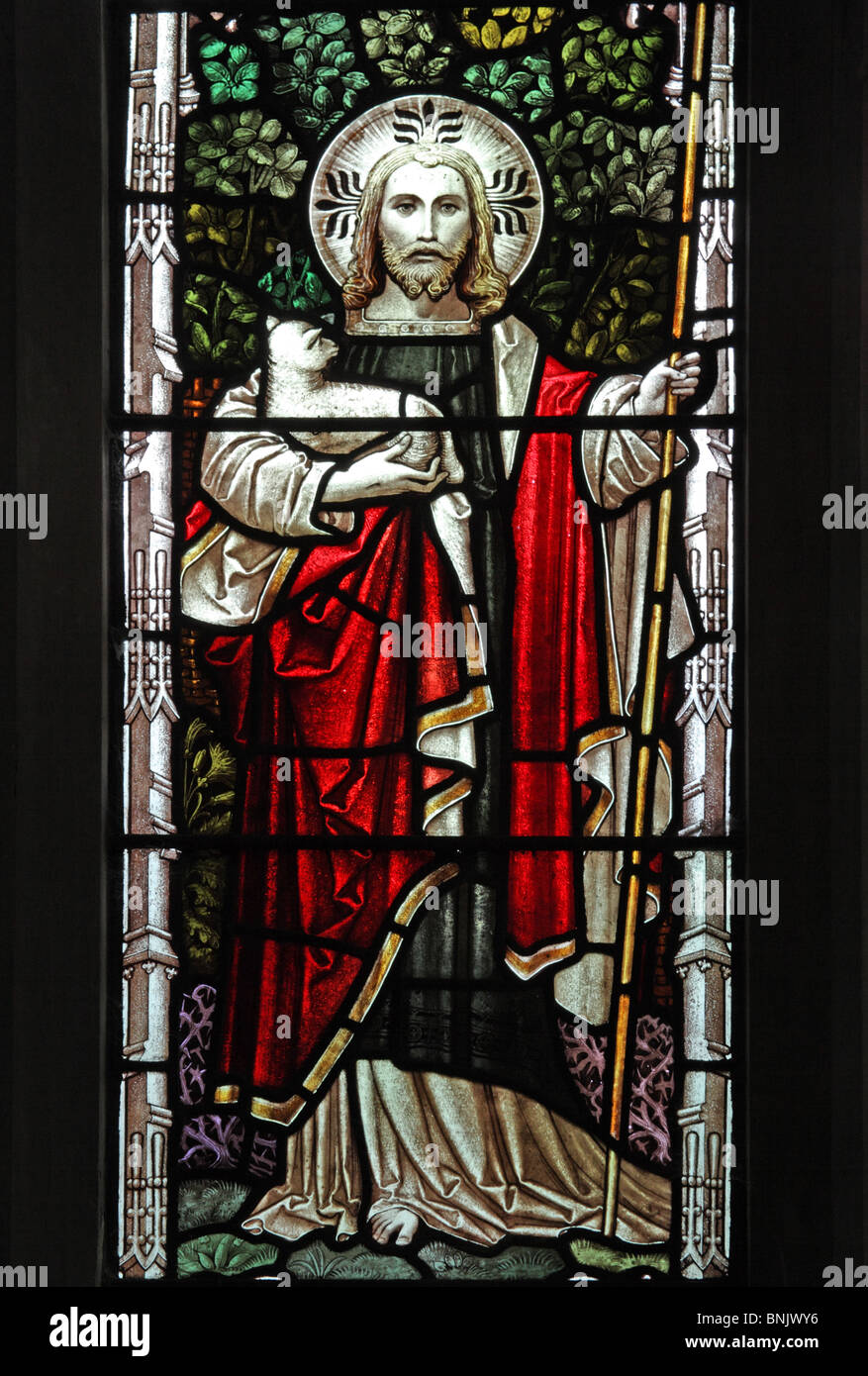 A stained glass window depicting Jesus the Good Shepherd, Parish Church ...