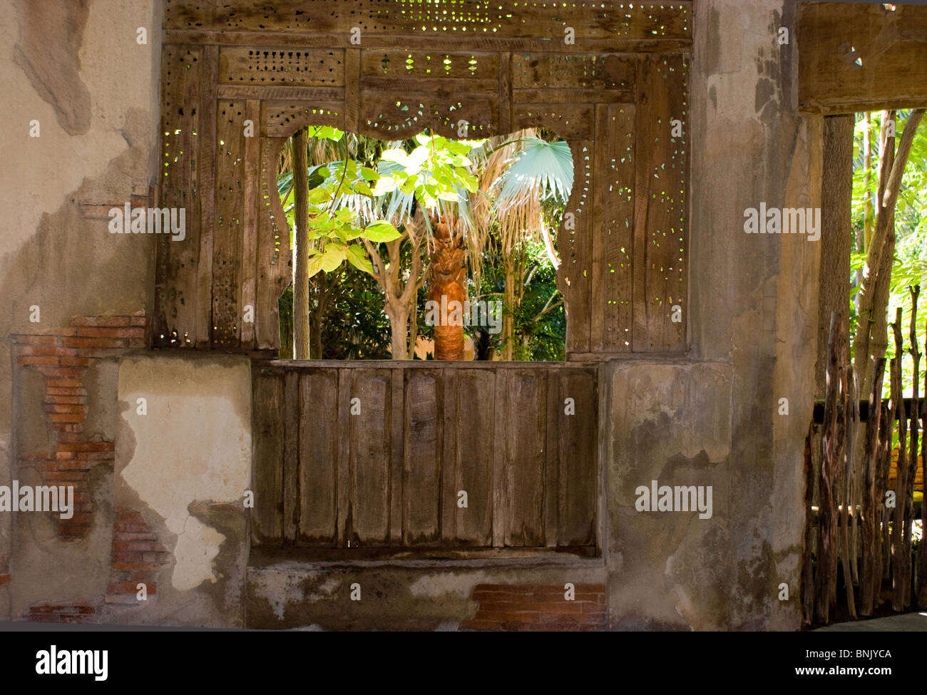 VIEW THROUGH A PIERCED WINDOW TO PALM TREES Stock Photo - Alamy
