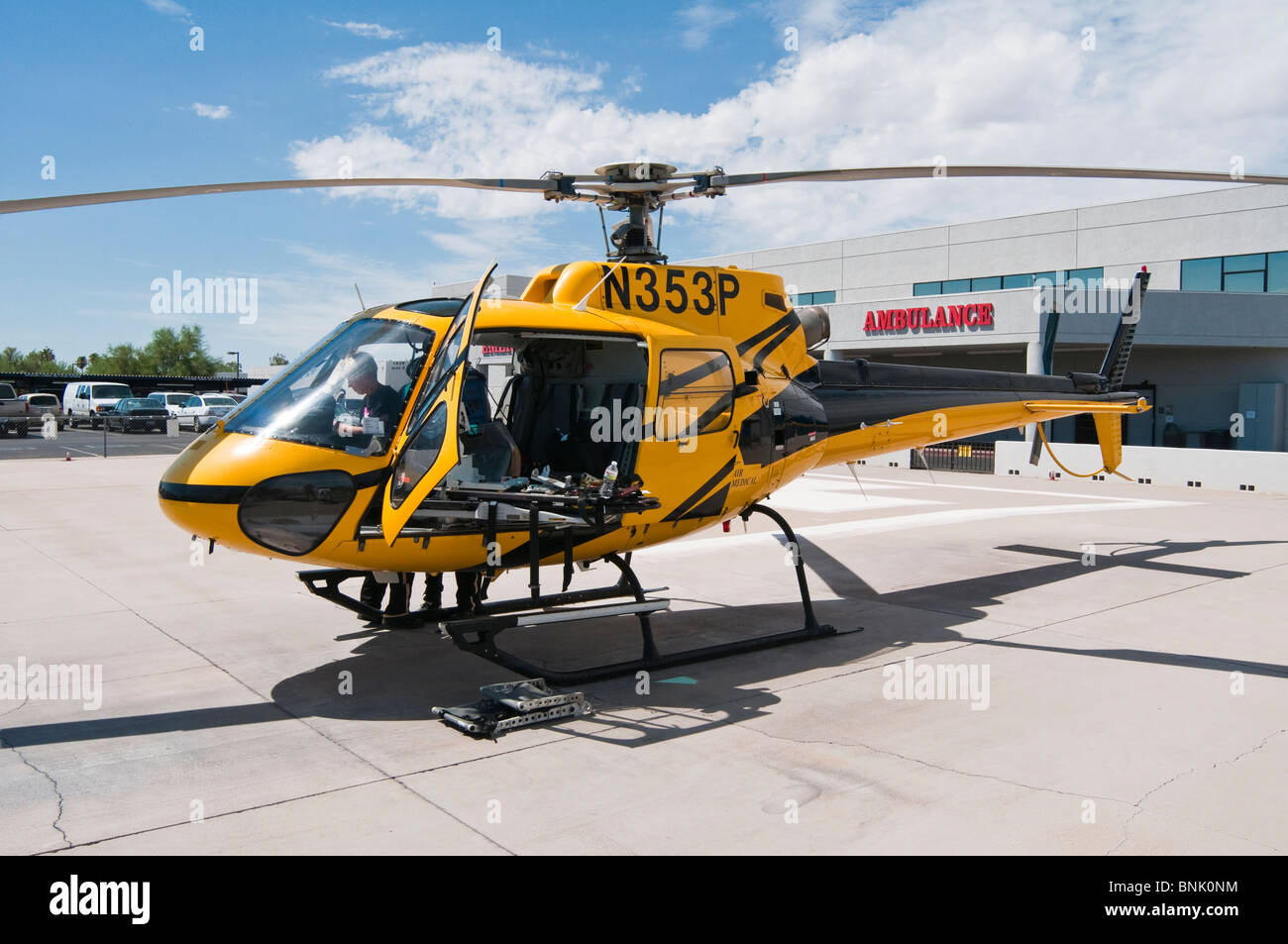 A medical evacuation helicopter sits on a pad at a regional medical ...