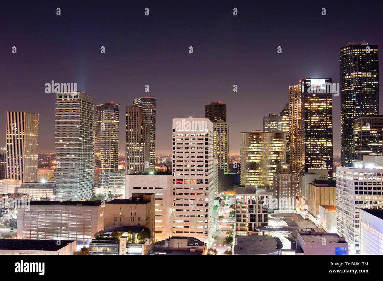 Texas, Houston. Downtown high-rise nightscape night skyline Stock Photo ...