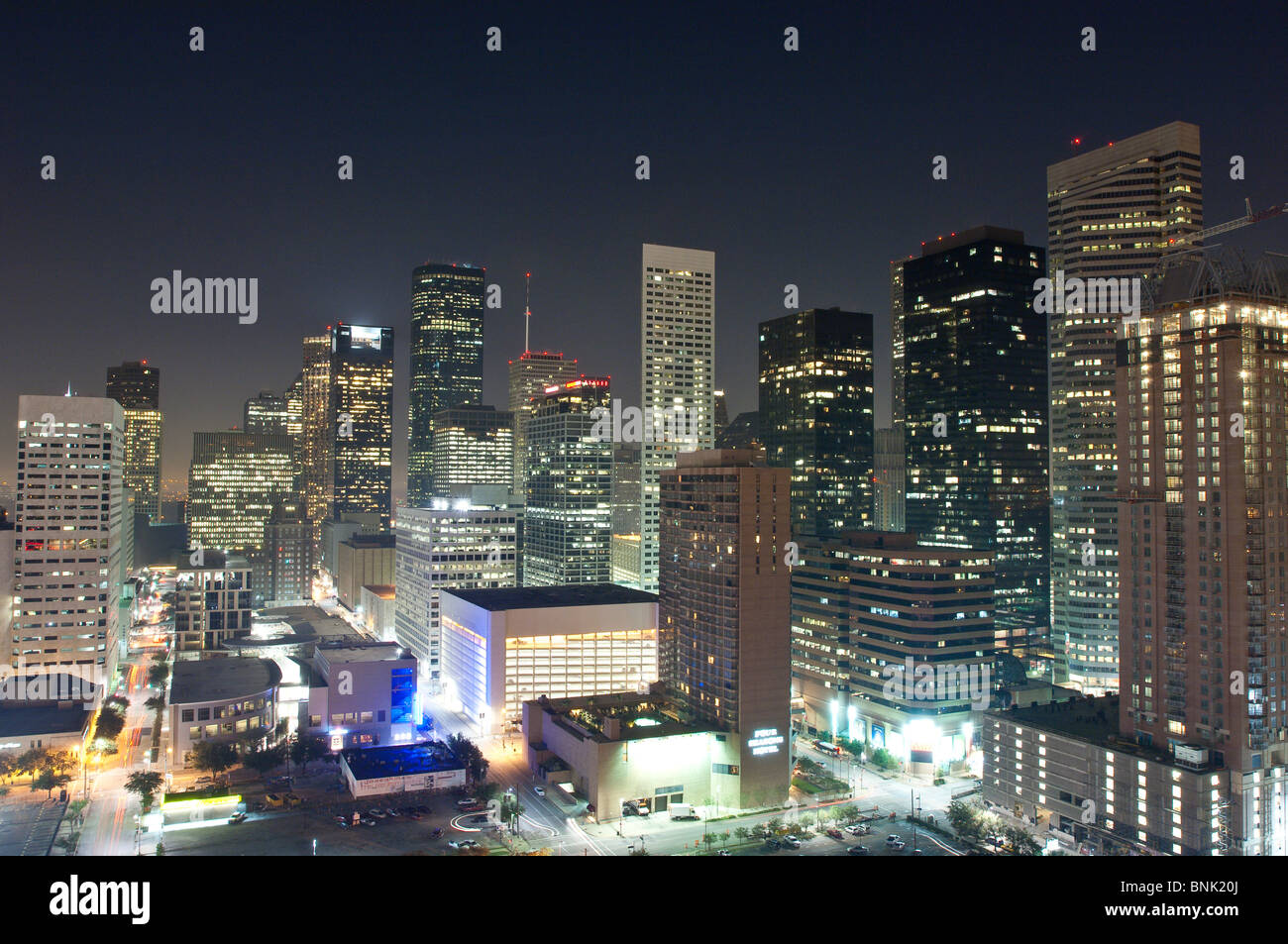 Texas, Houston. Downtown high-rise nightscape night skyline Stock Photo ...