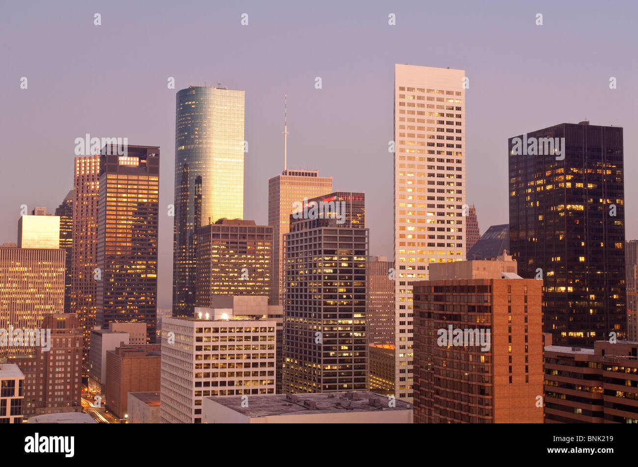 Texas, Houston. Downtown high-rise nightscape night skyline Stock Photo ...