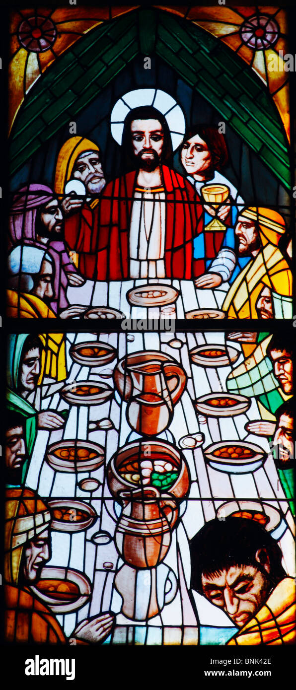 Stained glass window in church depicting the last supper Stock Photo ...