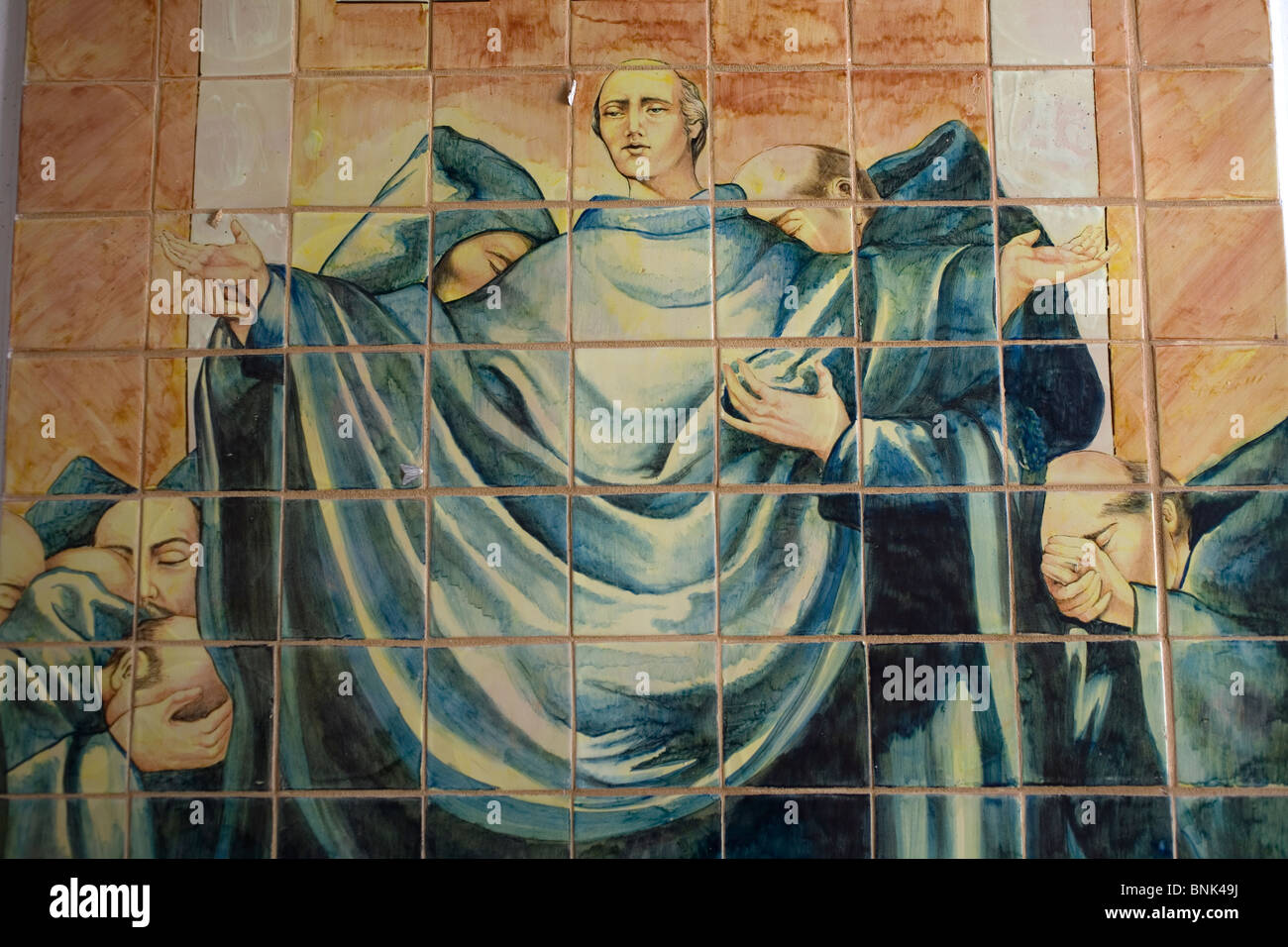 A painting on ceramic tiles representing monks in the Monastery of ...