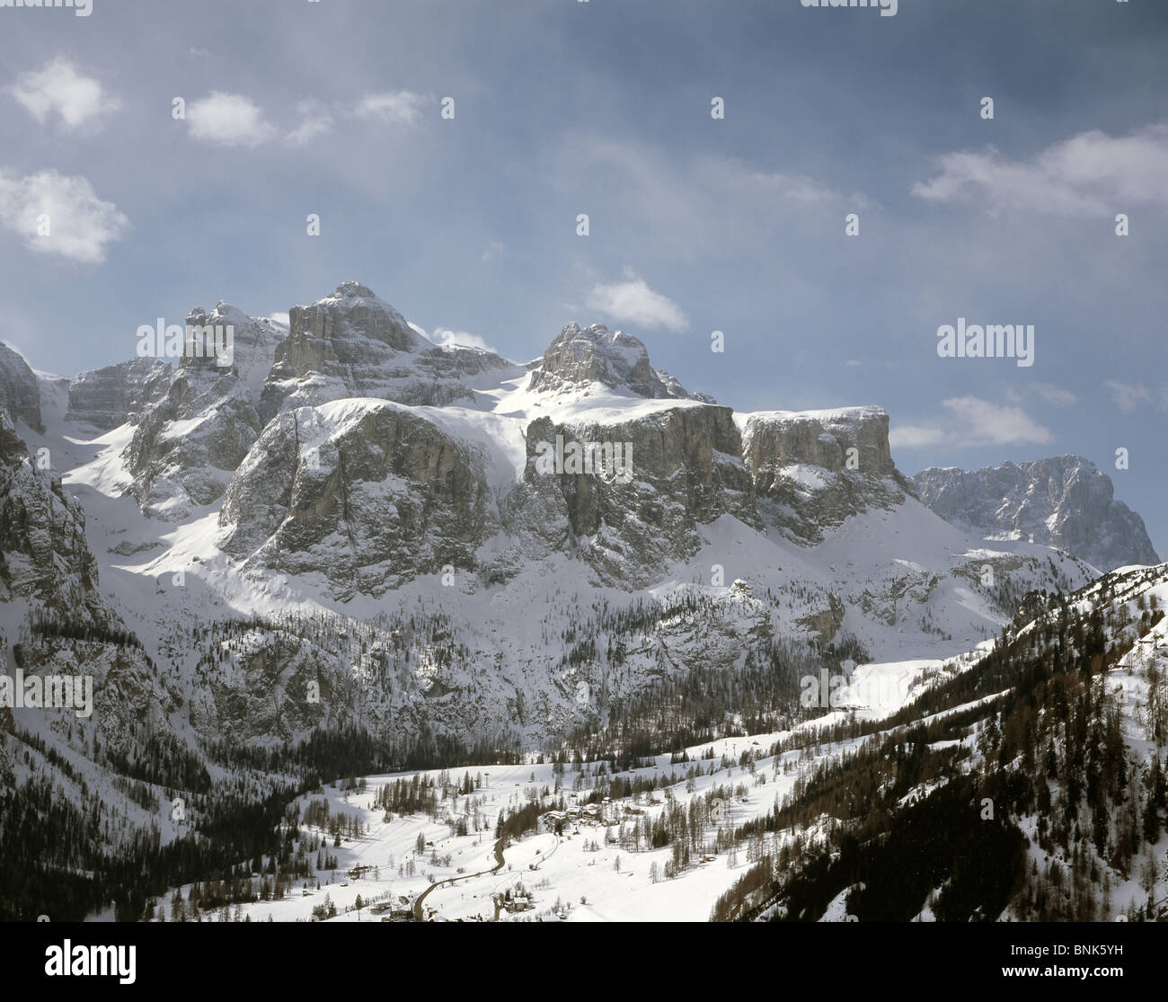 Cliff faces Gruppo del Sella Sella Gruppe and The Val de Mesdi above ...