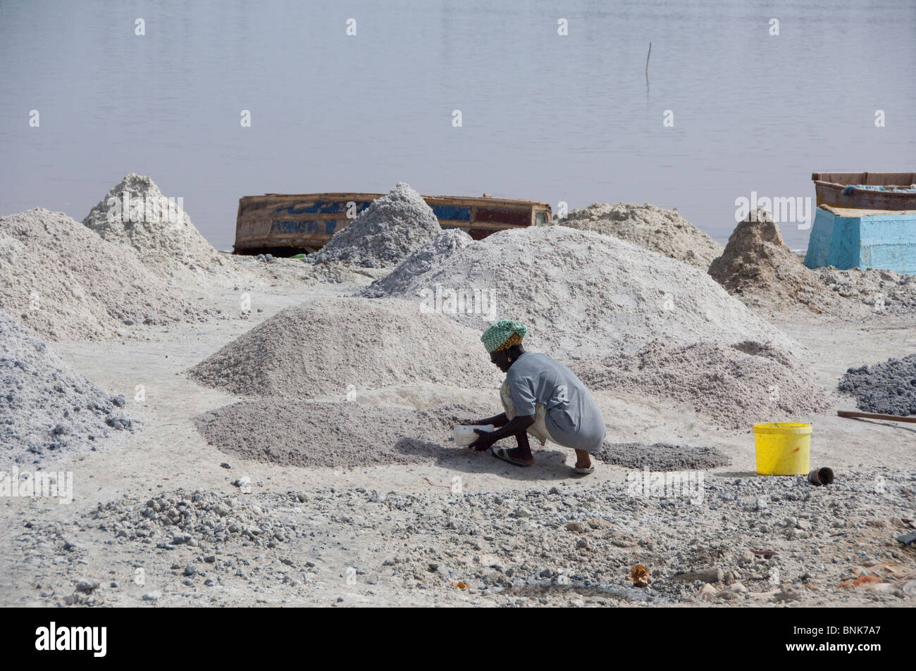 Africa, Senegal, Dakar. The Pink Lake of Retba. Salt harvesting along ...