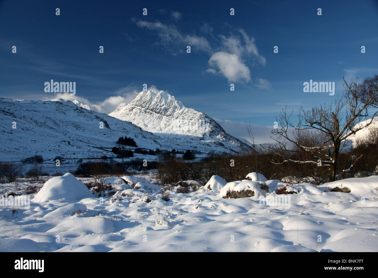 Tryfan in snow Ogwen Valley Snowdonia Gwynedd North Wales UK Stock ...