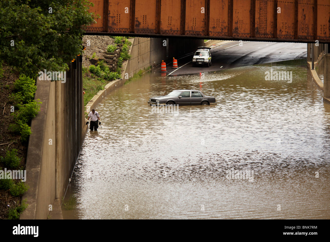 Flooded western suburbs of Chicago. Flooded viaduct on Interstate 290 ...