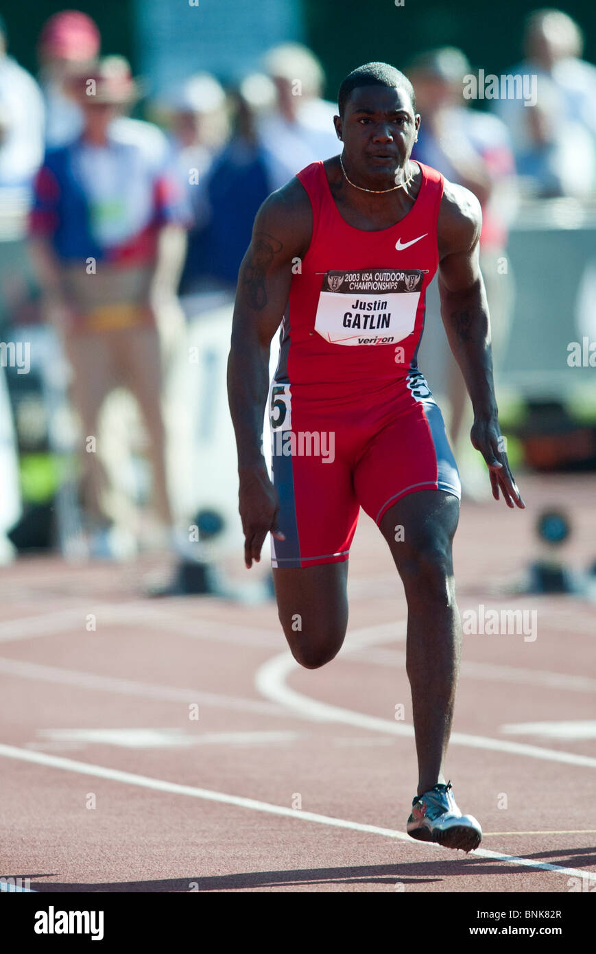 Justin Gatlin competing in the 100 meters at the 2003 USA Outdoor ...