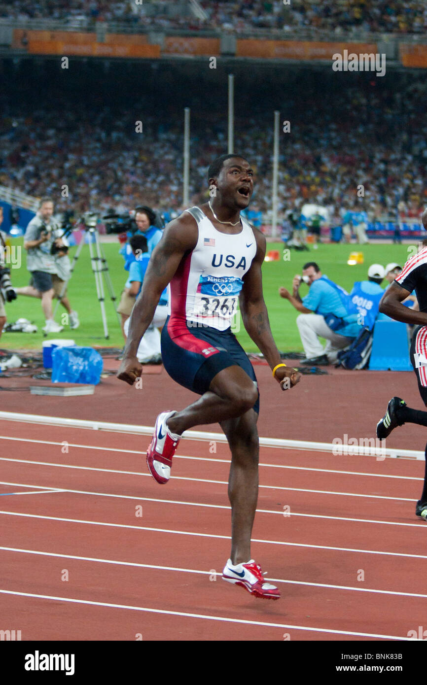Justin Gatlin (USA) after winning the Men's 100m at the 2004 Olympic ...