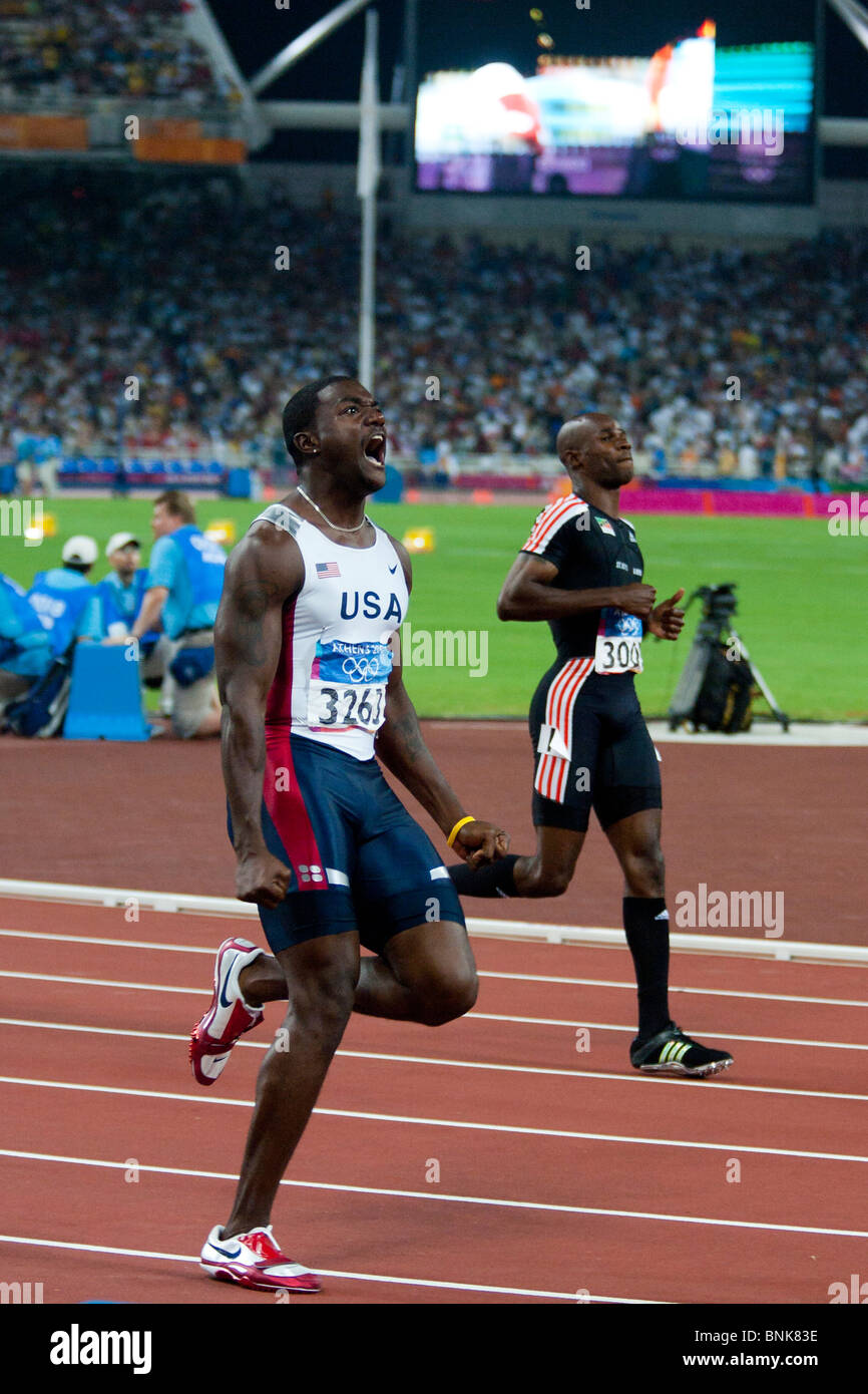 Justin Gatlin (USA) after winning the Men's 100m at the 2004 Olympic ...