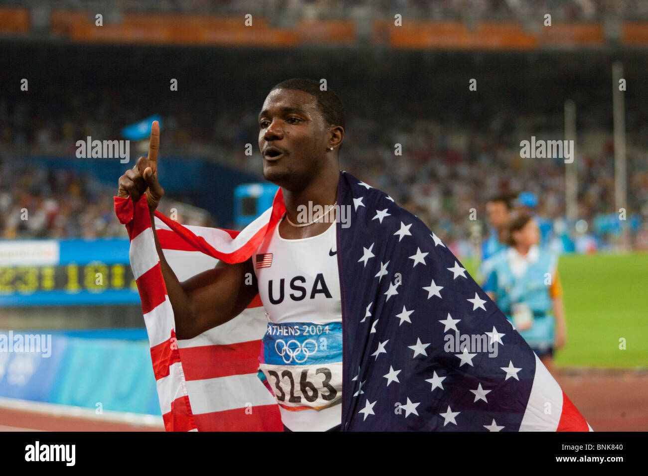 Justin Gatlin (USA) after winning the Men's 100m at the 2004 Olympic ...