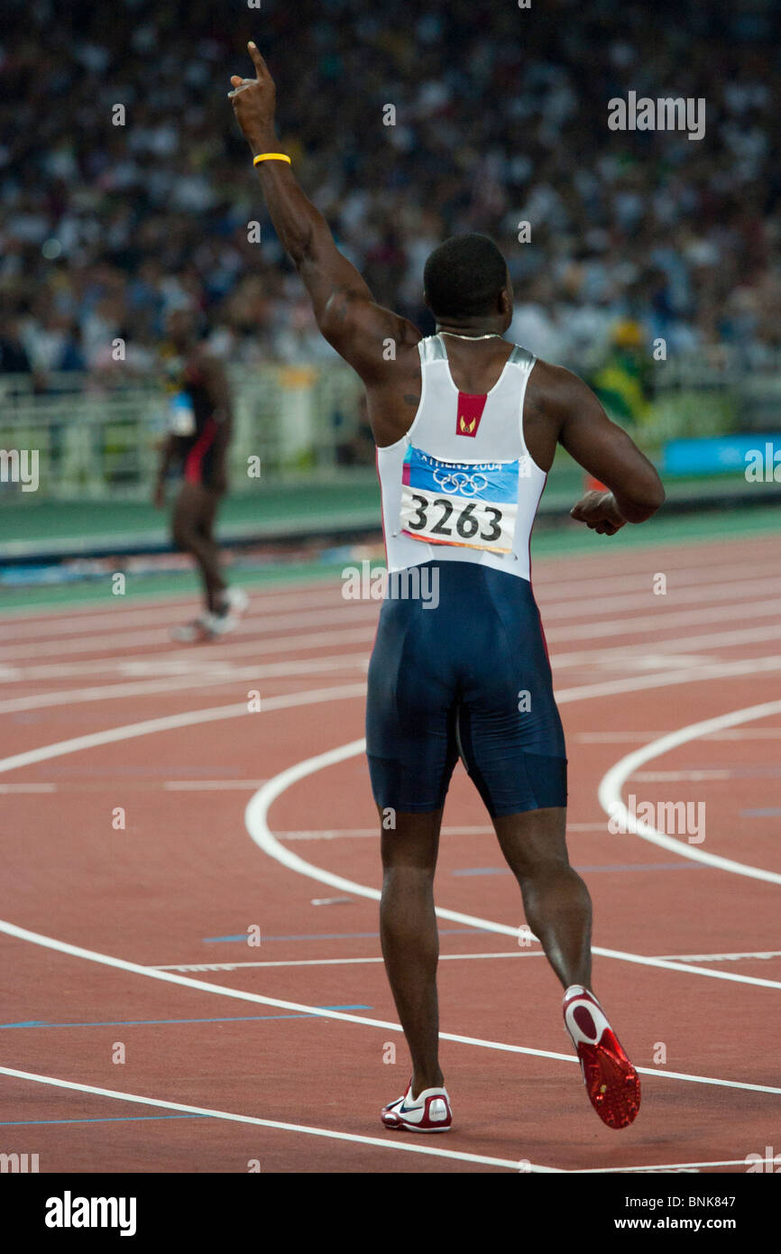 Justin Gatlin (USA) after winning the Men's 100m at the 2004 Olympic ...