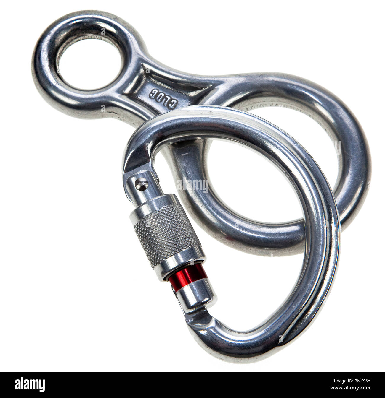 Climbing equipment a figure of eight and karabiner on white background ...